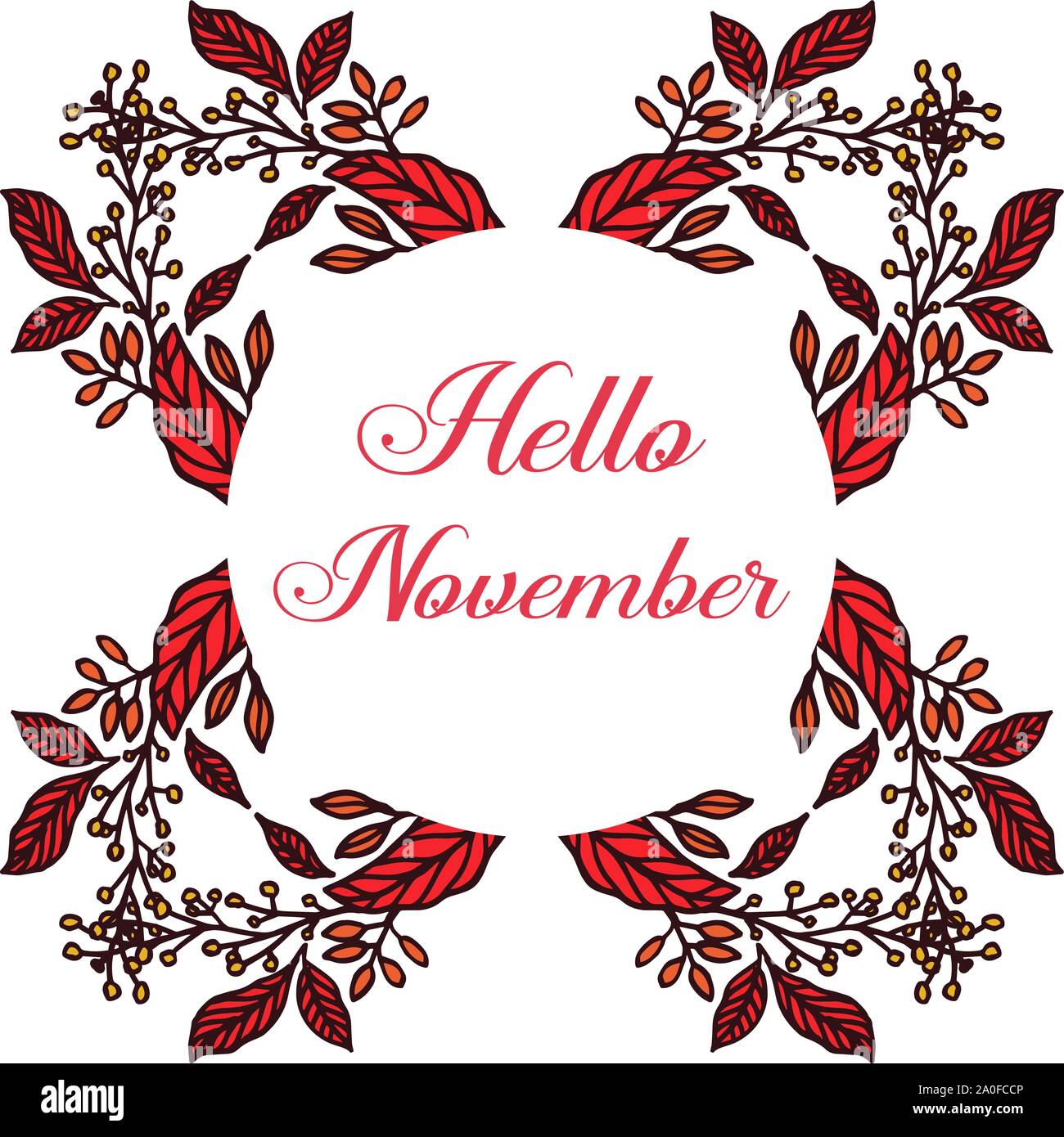 Decorative of card hello november hand drawn, with design plant of leaf ...