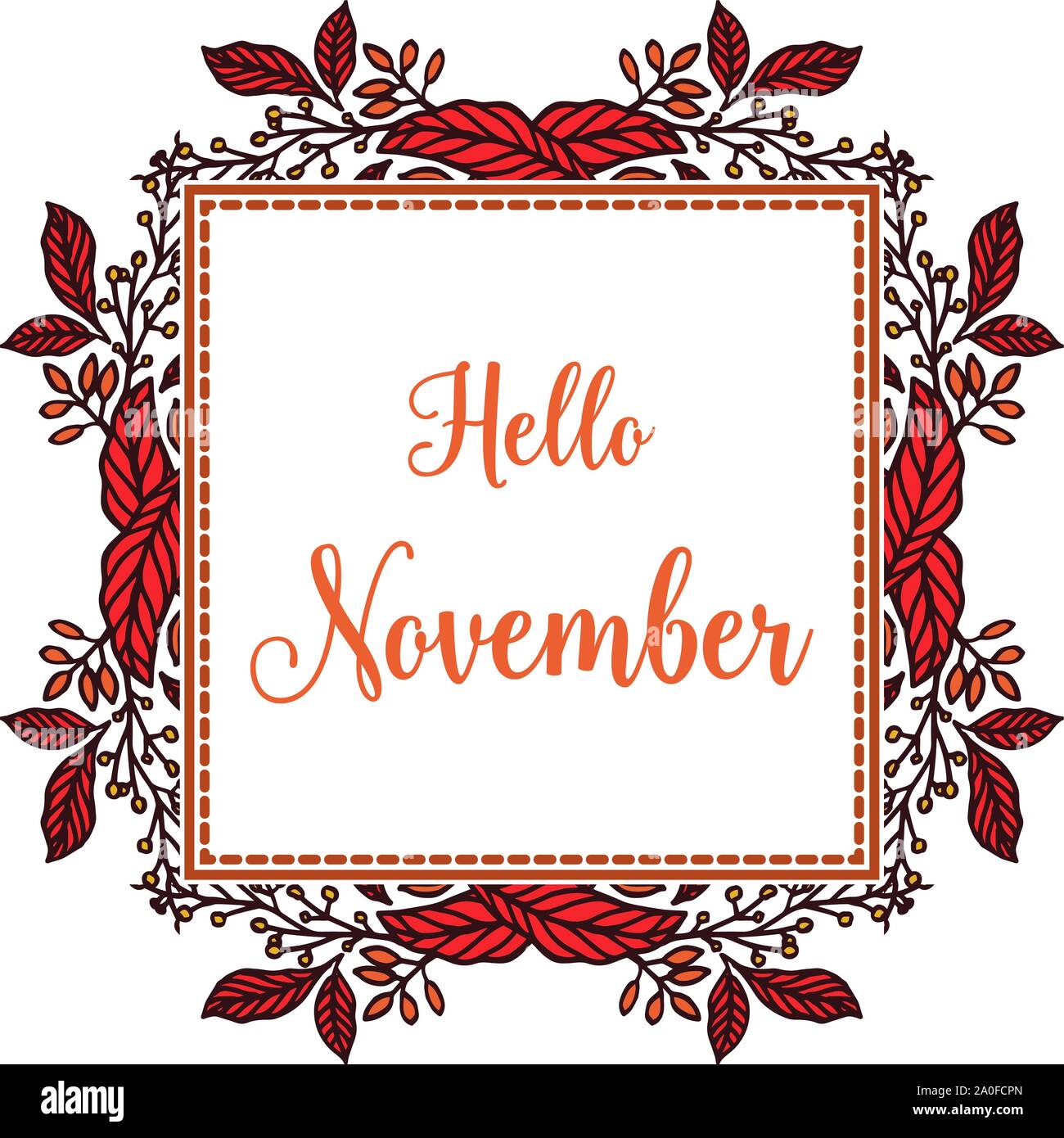 Decorative of card hello november hand drawn, with design plant of leaf ...