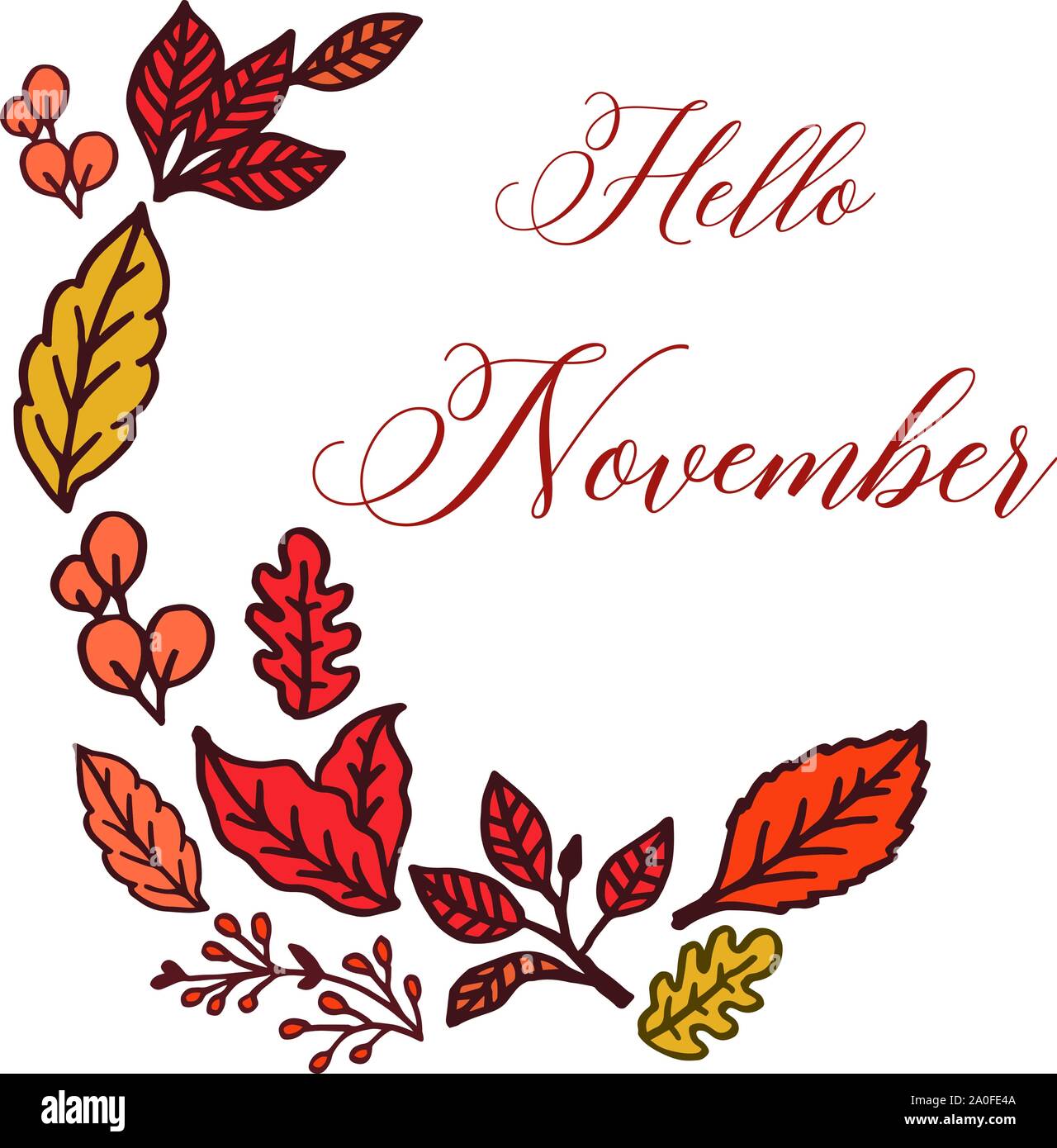 Lettering banner hello november, with ornament of autumn leaf frame ...
