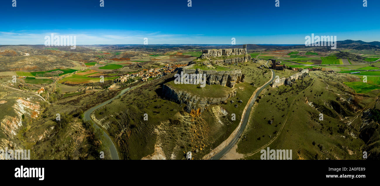 Aerial view of Atienza medieval town and castle in Spain with blue sky ...