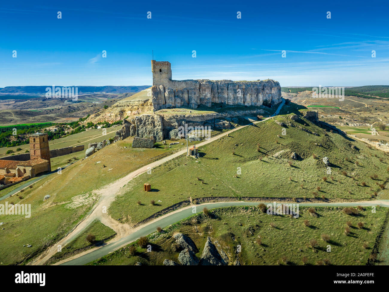 Aerial view of Atienza medieval town and castle in Spain with blue sky ...