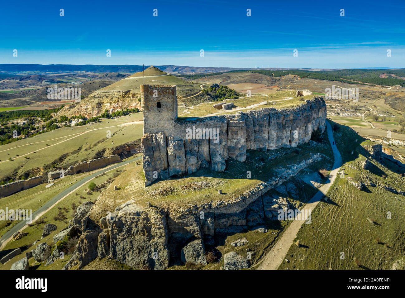Atienza aerial panorama with blue sky of medieval ruined castle and ...