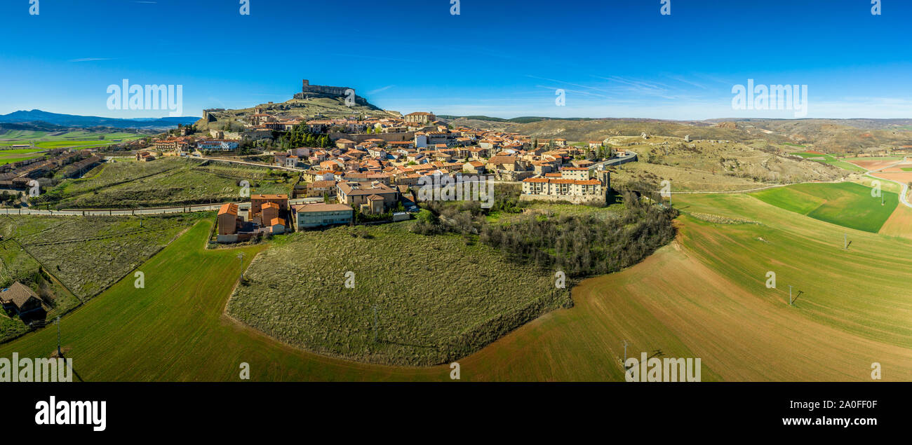 Atienza aerial panorama with blue sky of medieval ruined castle and ...