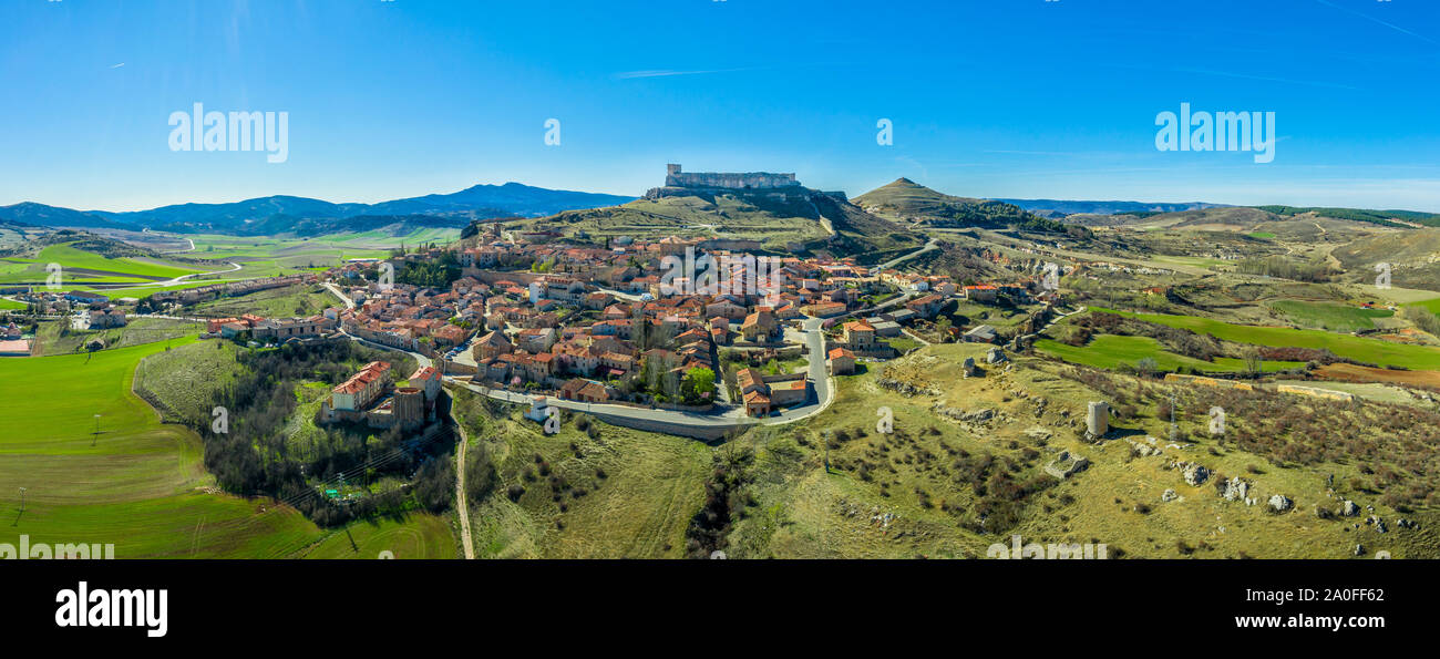 Atienza aerial panorama with blue sky of medieval ruined castle and ...