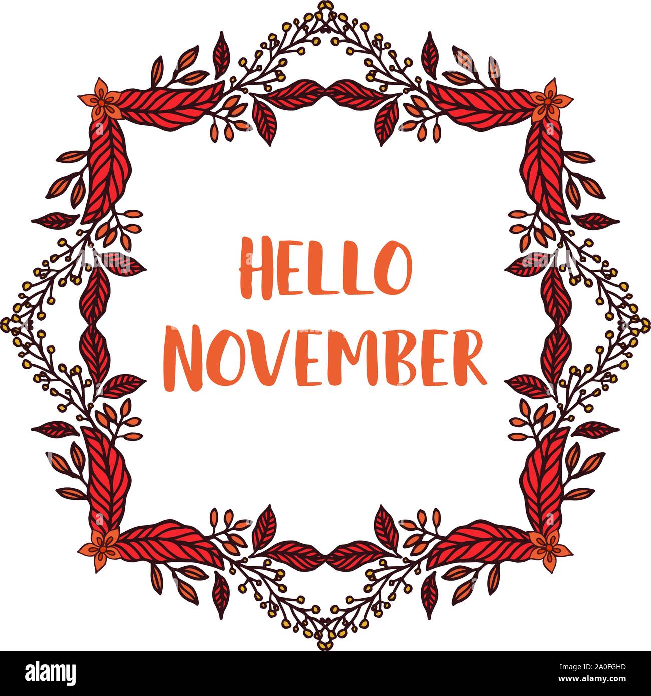 Decorative of card hello november hand drawn, with design plant of leaf ...