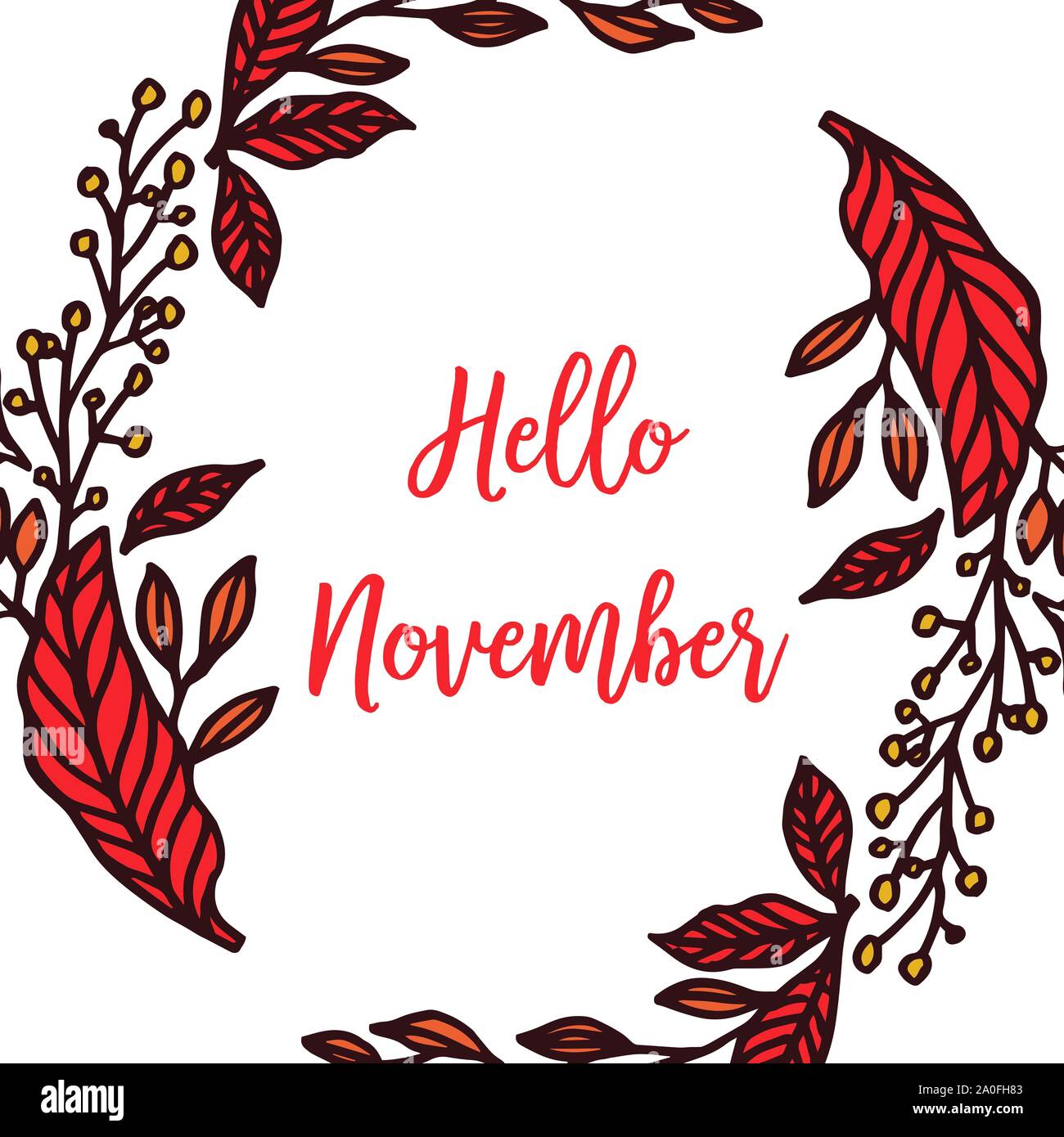 Decorative of card hello november hand drawn, with design plant of leaf ...