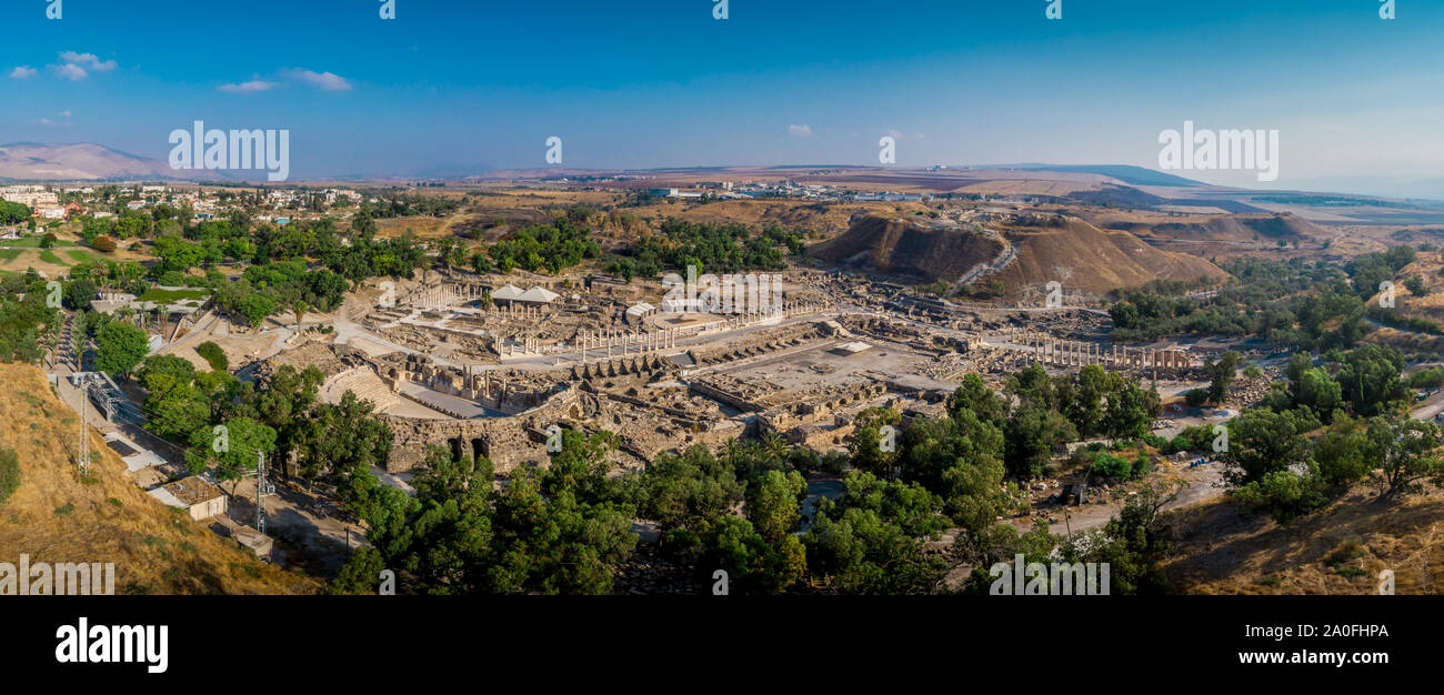 Aerial panorama view of Beit Shean with ruined Roman Theater and ...