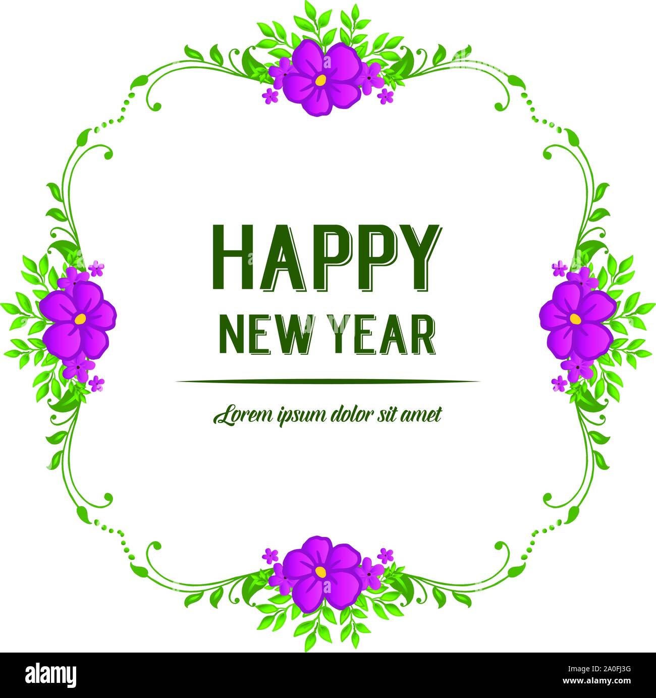 Greeting card happy new year, with bright purple flower frame. Vector ...
