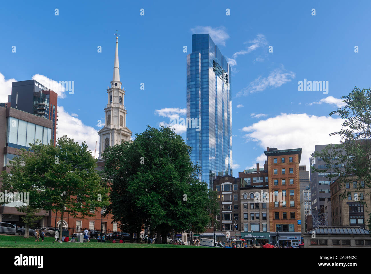 Boston commons old building with brick facade, church and glass window ...
