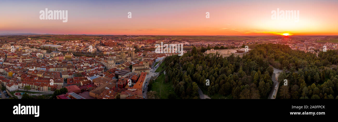 Burgos aerial view of the castle and cathedral during sunset in Spain ...