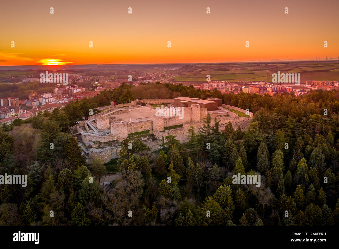 Burgos aerial view of the castle and cathedral during sunset in Spain ...