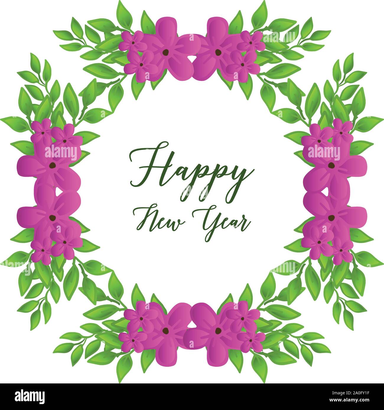 Text design of happy new year, with cute purple flower frame. Vector ...