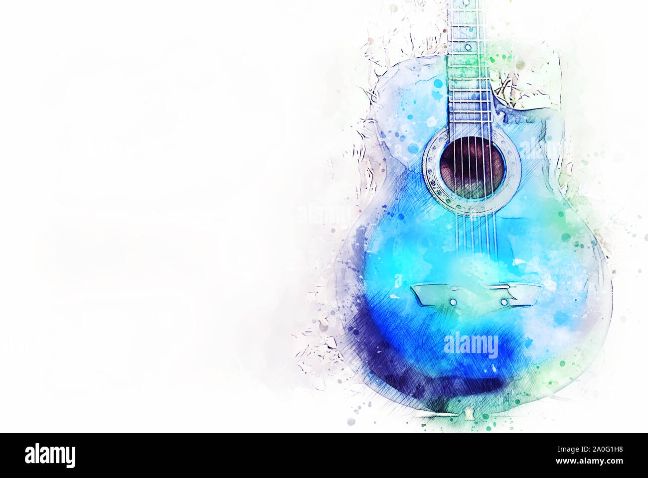 Abstract acoustic guitar on watercolor illustration painting background ...