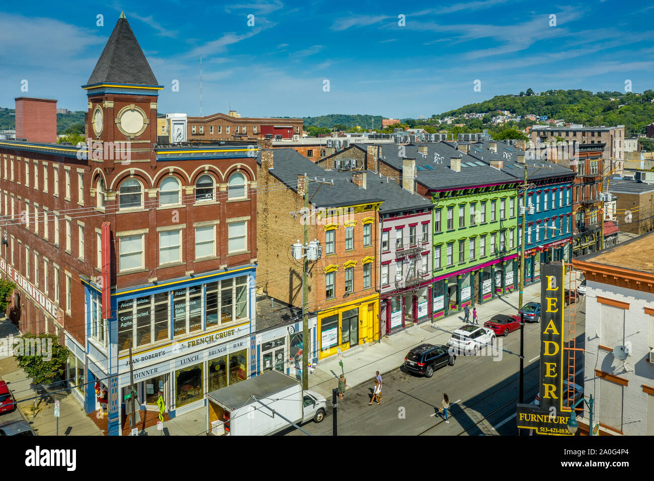 Aerial view of colorful Findlay market in the re-gentrified Over the ...