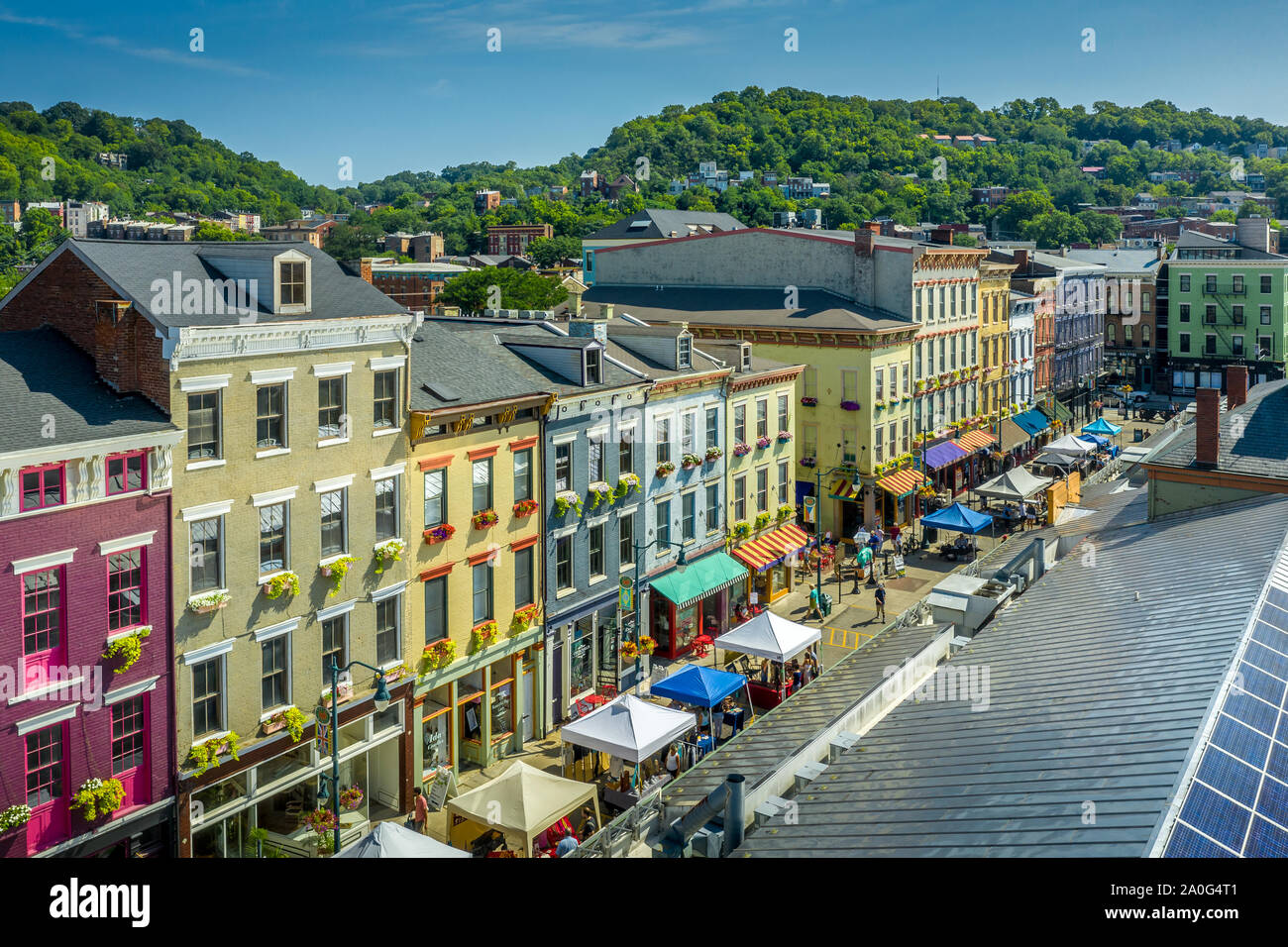 Aerial view of colorful Findlay market in the re-gentrified Over the ...