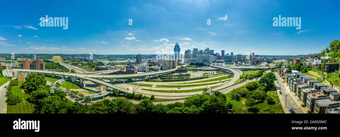 Cincinnati downtown aerial panorama from Mount Adams with crossing ...