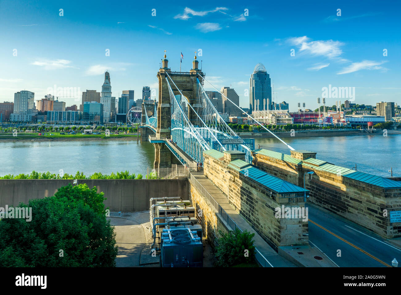 Panoramic view of Cincinnati downtown with the historic Roebling ...