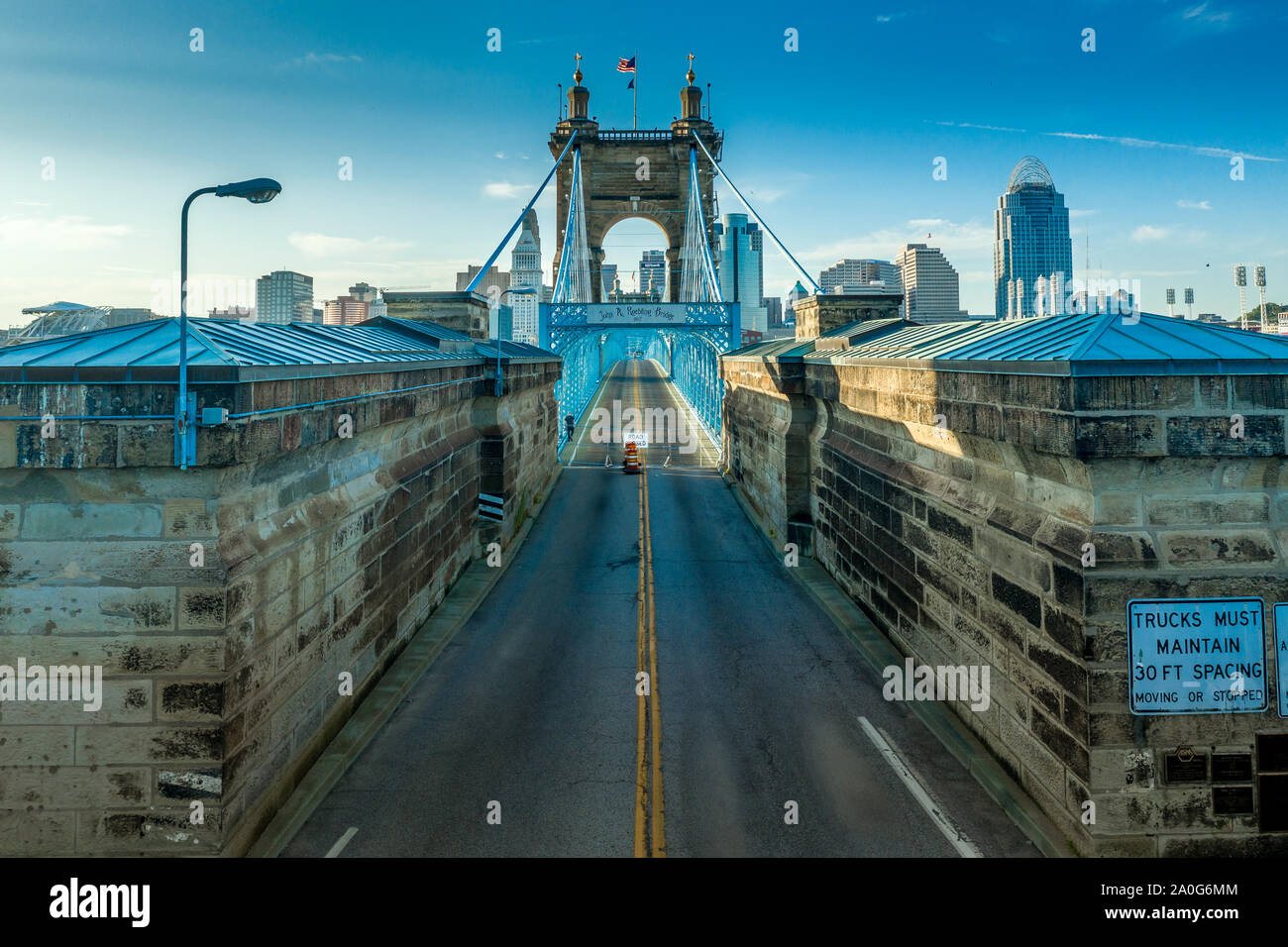 Panoramic view of Cincinnati downtown with the historic Roebling ...