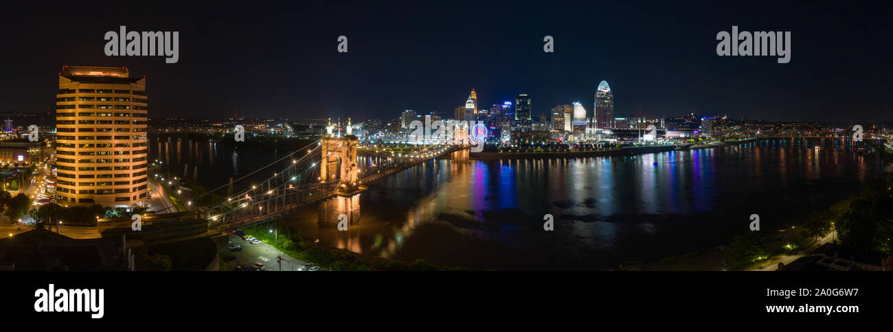 Panoramic view of Cincinnati downtown with the historic Roebling ...