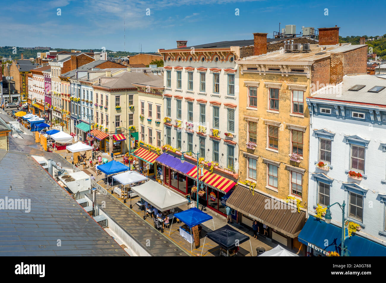 Aerial view of colorful Findlay market in the re-gentrified Over the ...