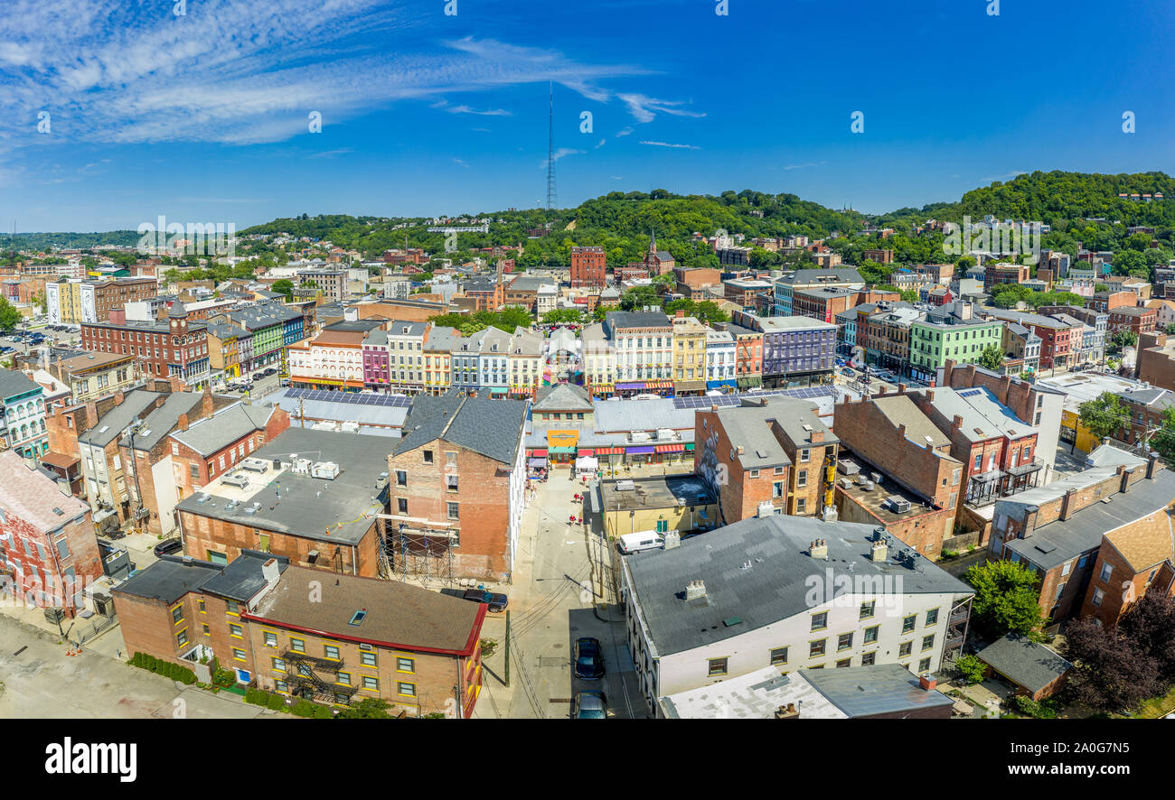 Aerial view of colorful Findlay market in the re-gentrified Over the ...