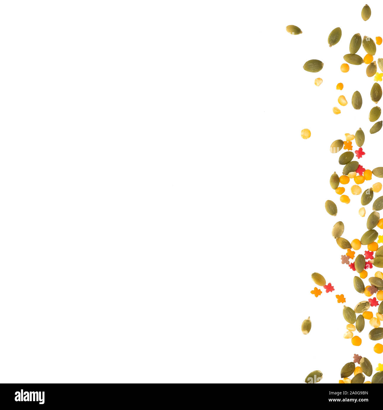 Pumpkin seeds and leaves side border frame isolated on white background ...