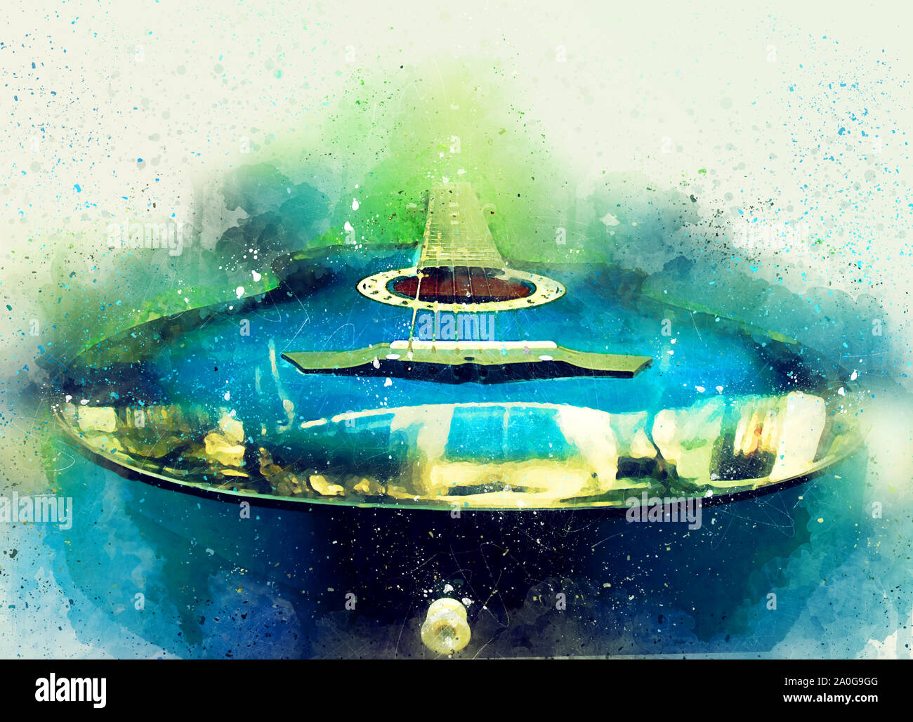 Abstract blue color shape on acoustic guitar on watercolor illustration ...