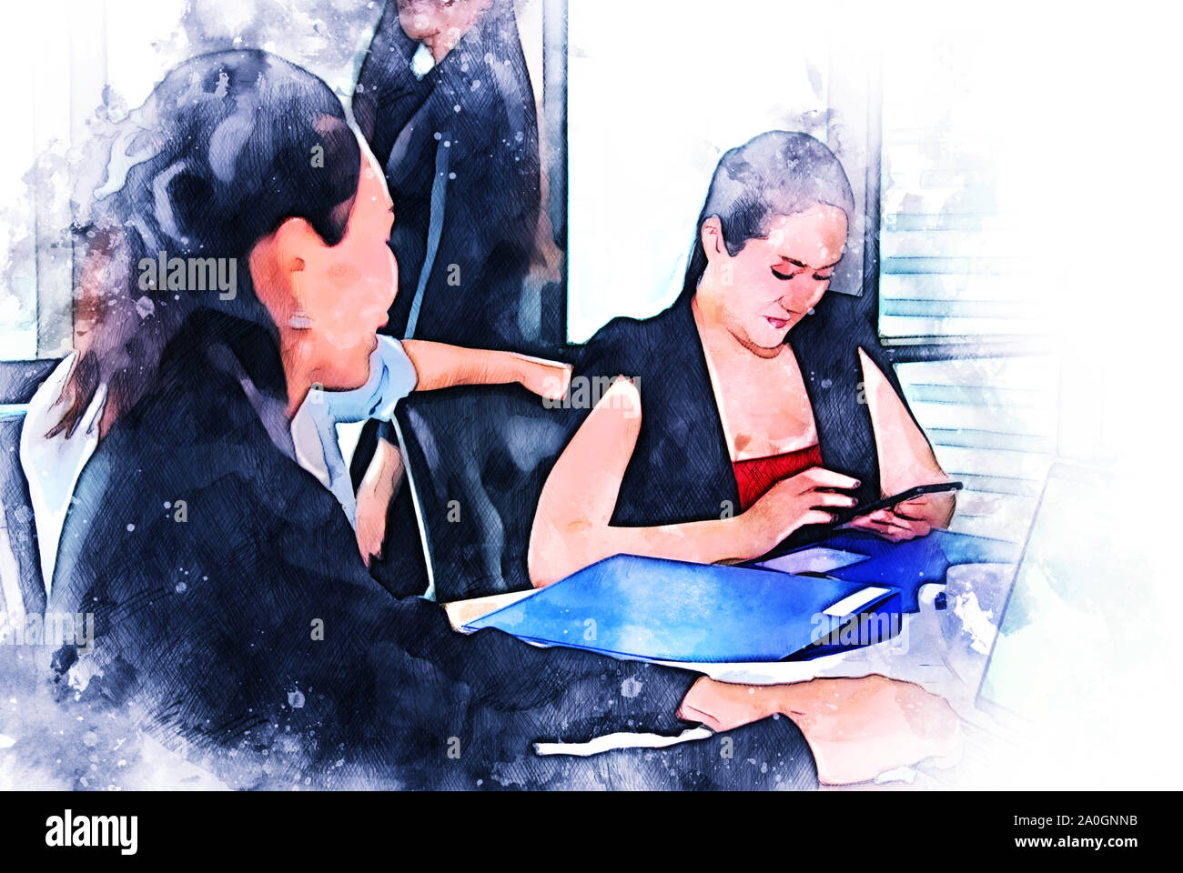 Abstract business woman working and talking friend in office on ...