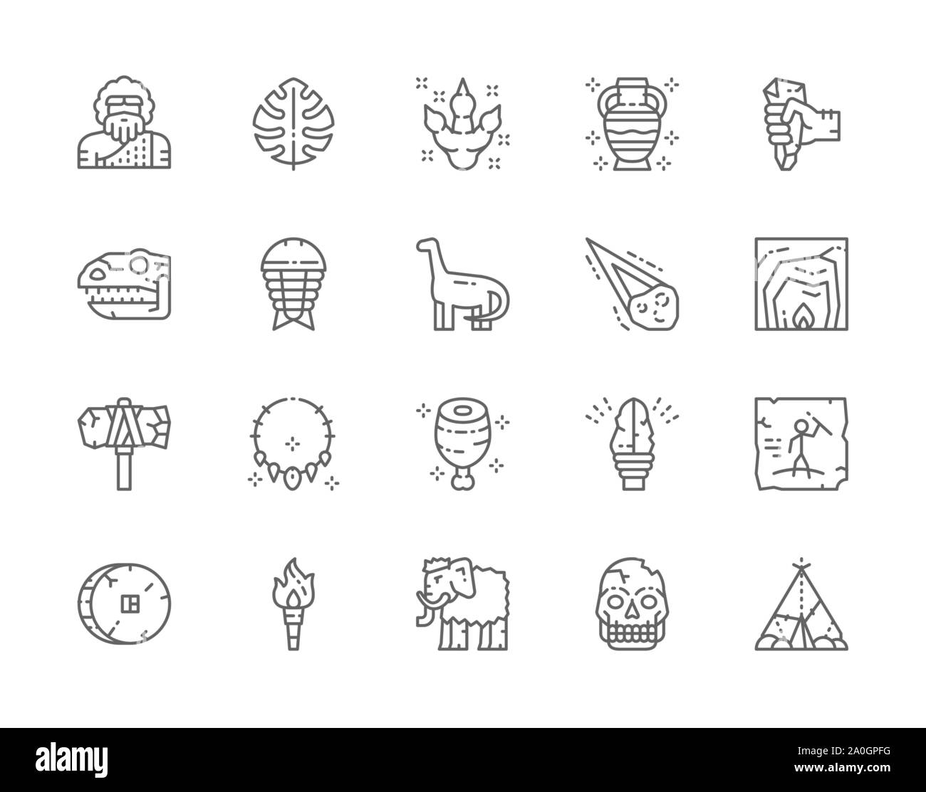 Set of Prehistoric Age Line Icons. Neanderthal, Dinosaur, Primitive Axe ...