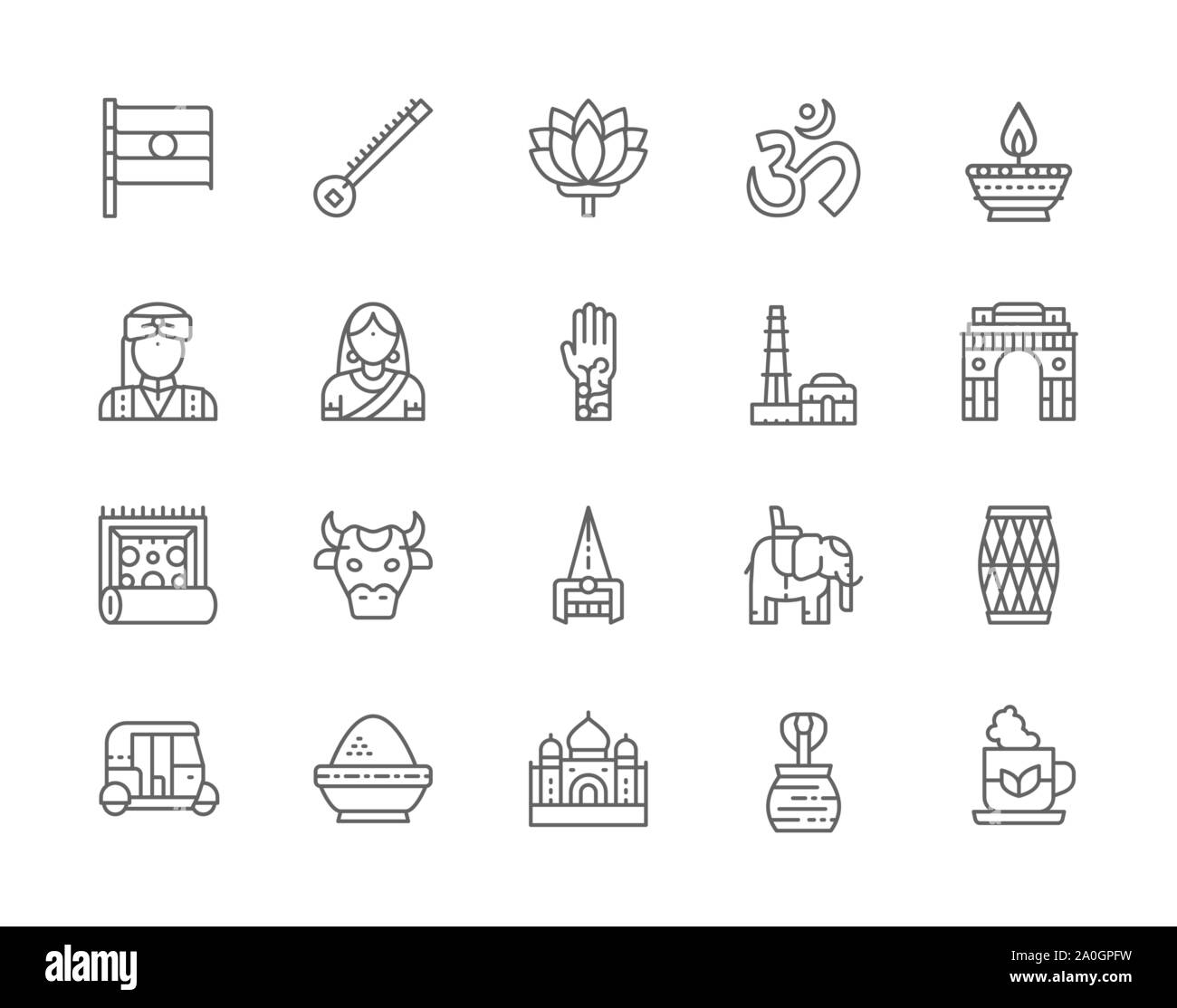 Set of Indian Culture Line Icons. Elephant, Tuk Tuk Car, Cobra, Sitar ...