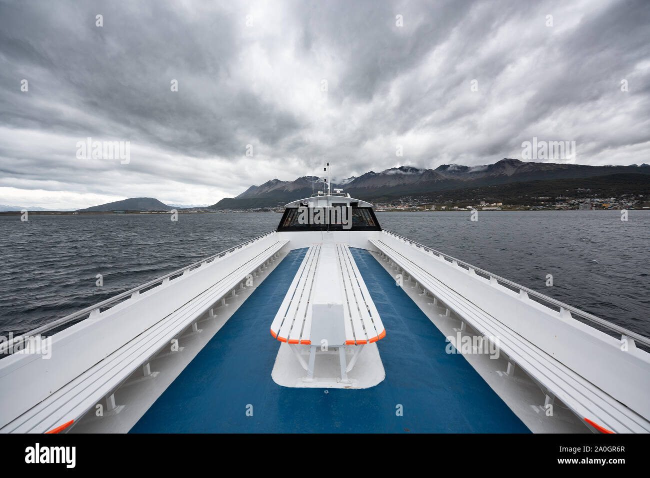 Empty deck of a touristic boat in a cloudy day on the Beagle channel ...