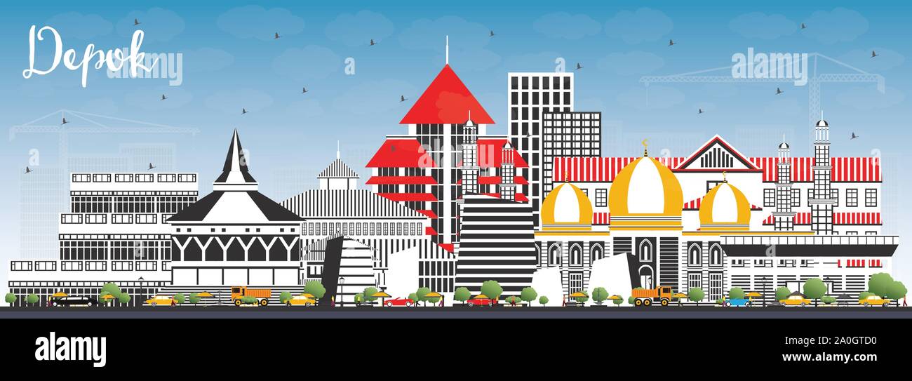 Depok Indonesia City Skyline with Color Buildings and Blue Sky. Vector ...