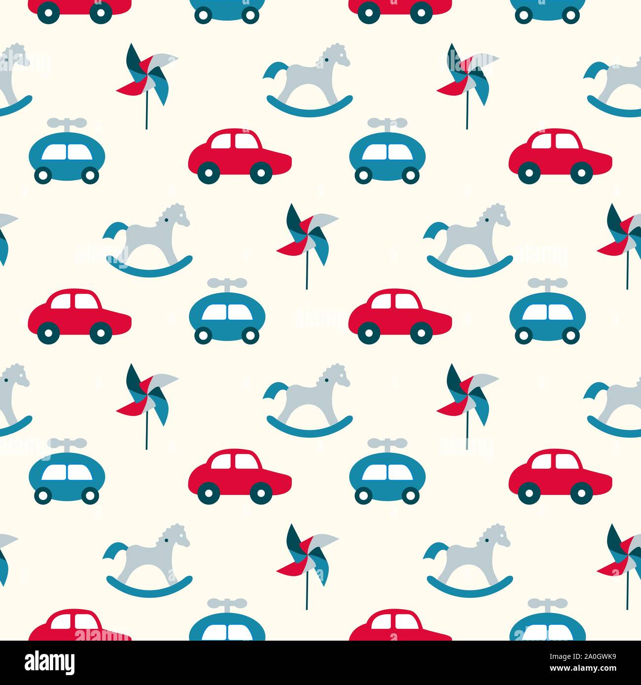 Vector seamless pattern with kids toys. Pinwheel, rocking horse, cars ...