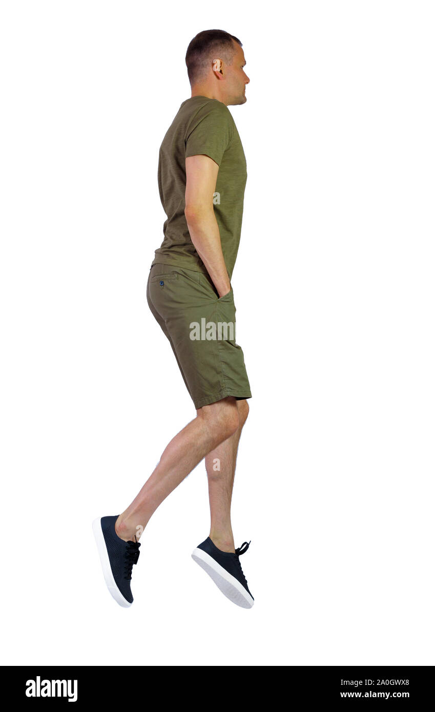 Back view of man in zero gravity or a fall. guy is flying, falling or ...