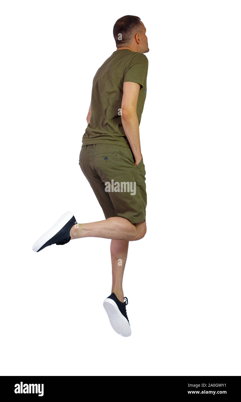 Back view of man in zero gravity or a fall. guy is flying, falling or ...