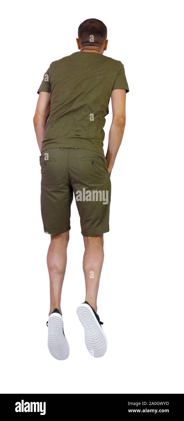 Back view of man in zero gravity or a fall. guy is flying, falling or ...