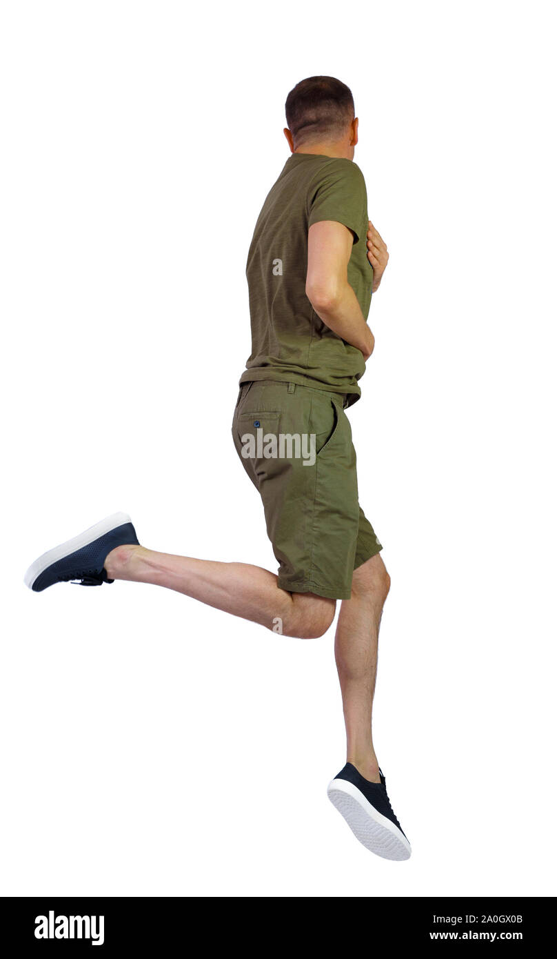 Back view of man in zero gravity or a fall. guy is flying, falling or ...
