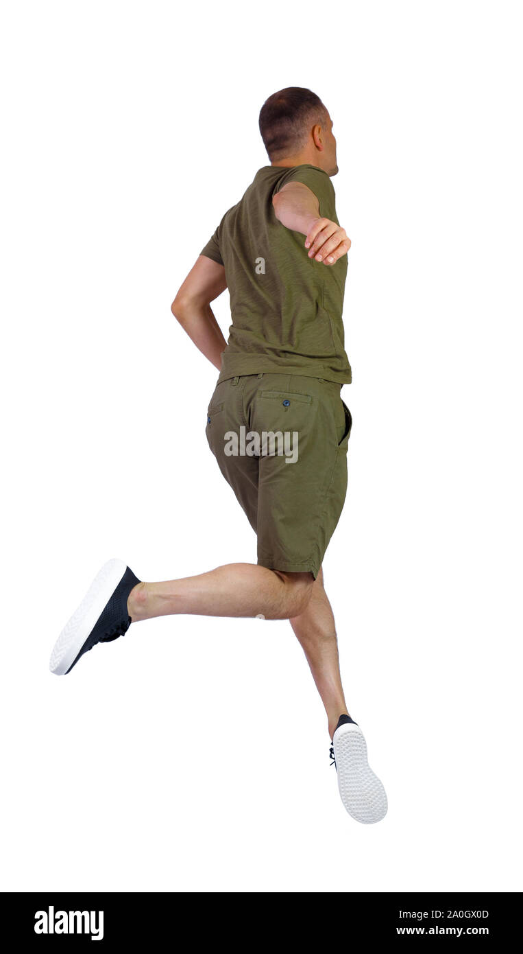 Back view of man in zero gravity or a fall. guy is flying, falling or ...