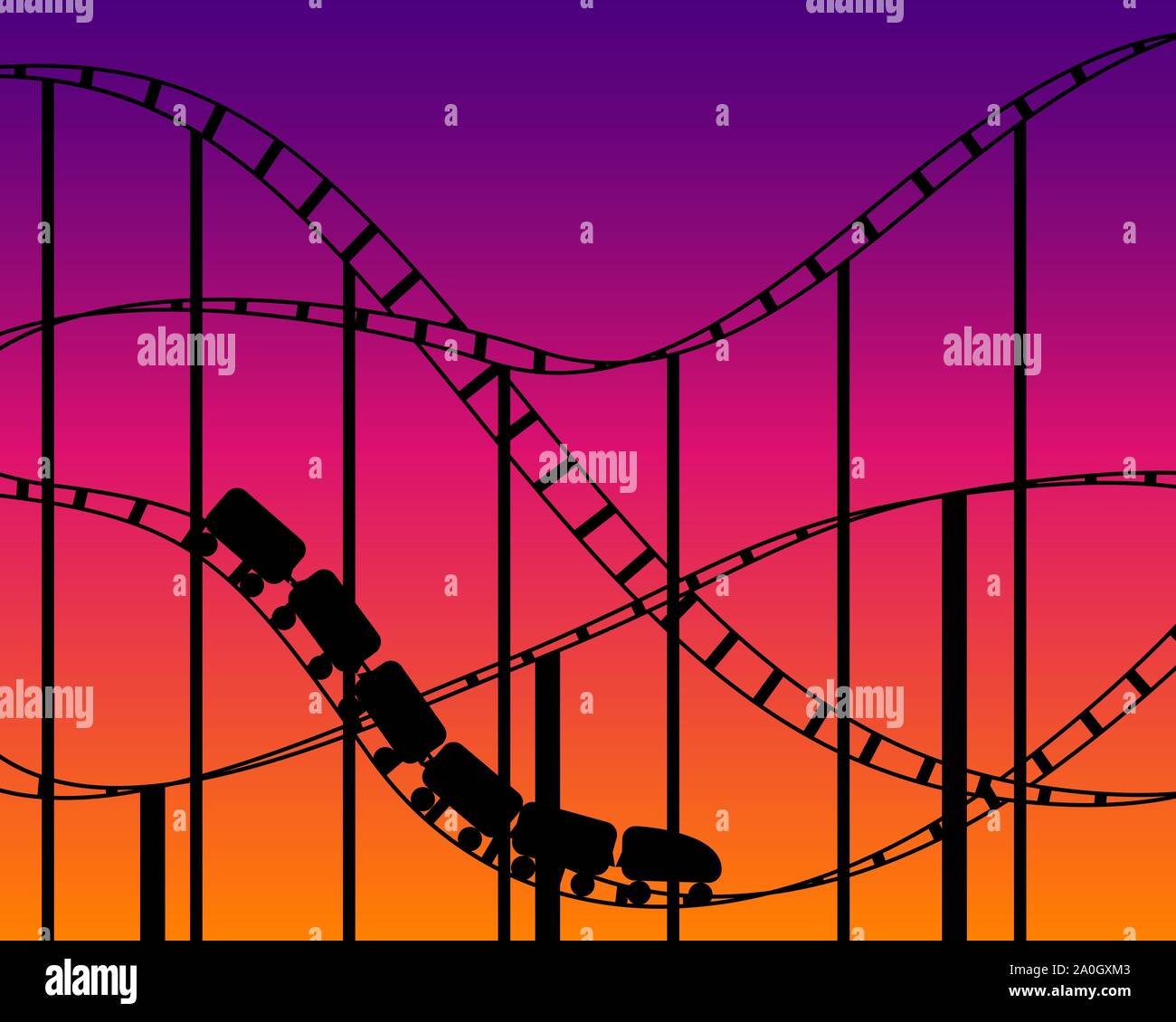 Rollercoaster silhouette on sunset sky background. Attractions vector ...