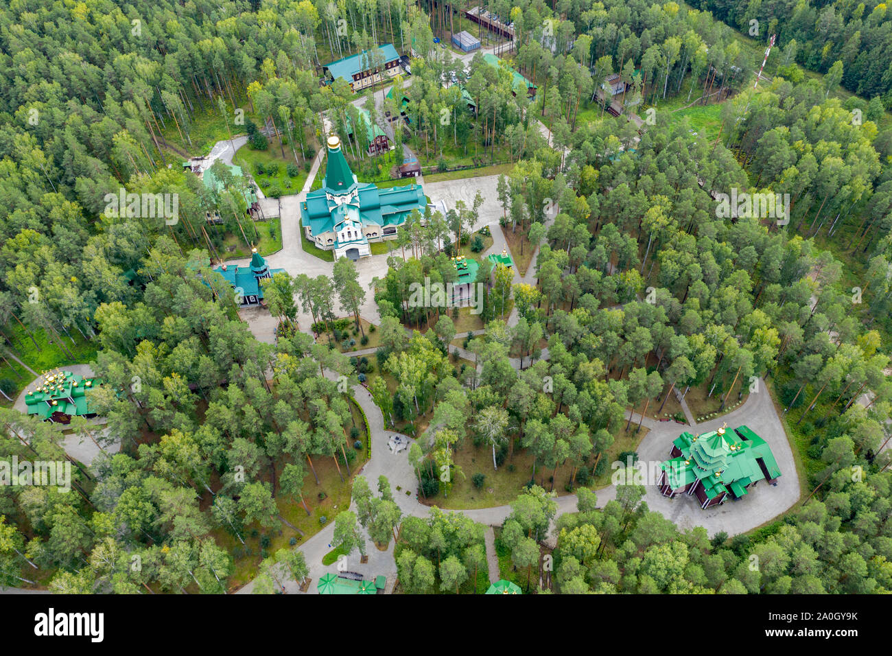 Aerial view of Ganina Yama Ganyas Pit - Complex of wooden Orthodox ...