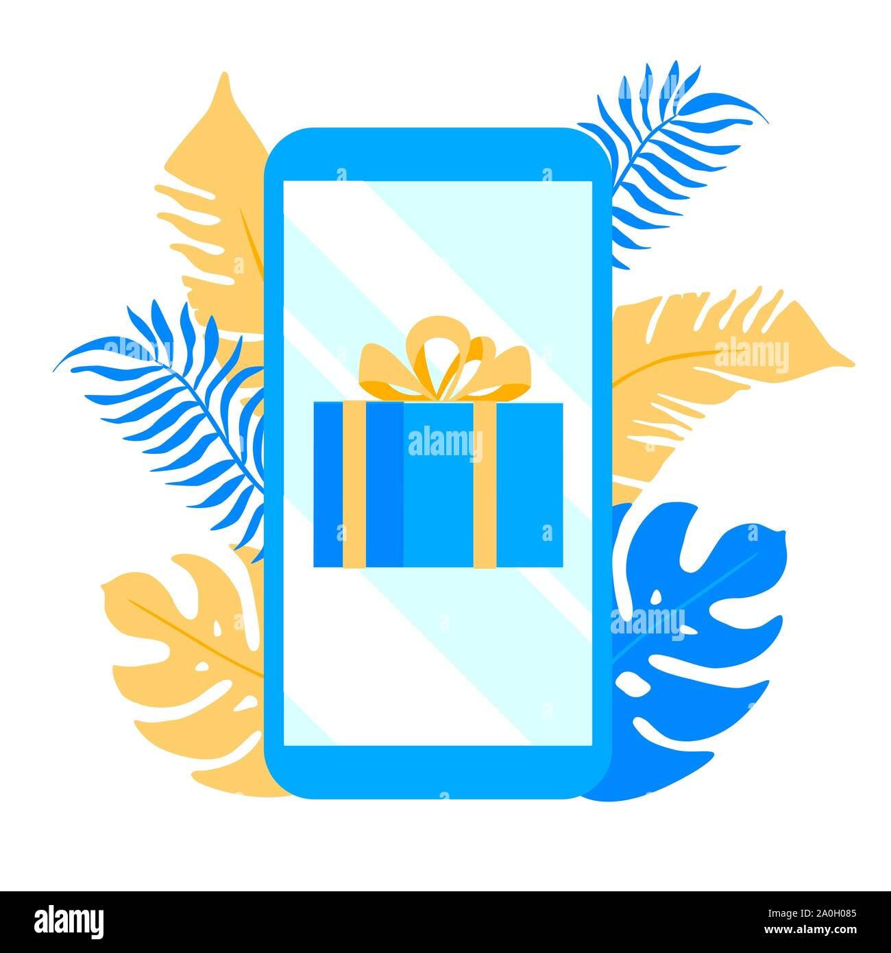 Smartphone with gift on the screen and plants behing flat style design ...