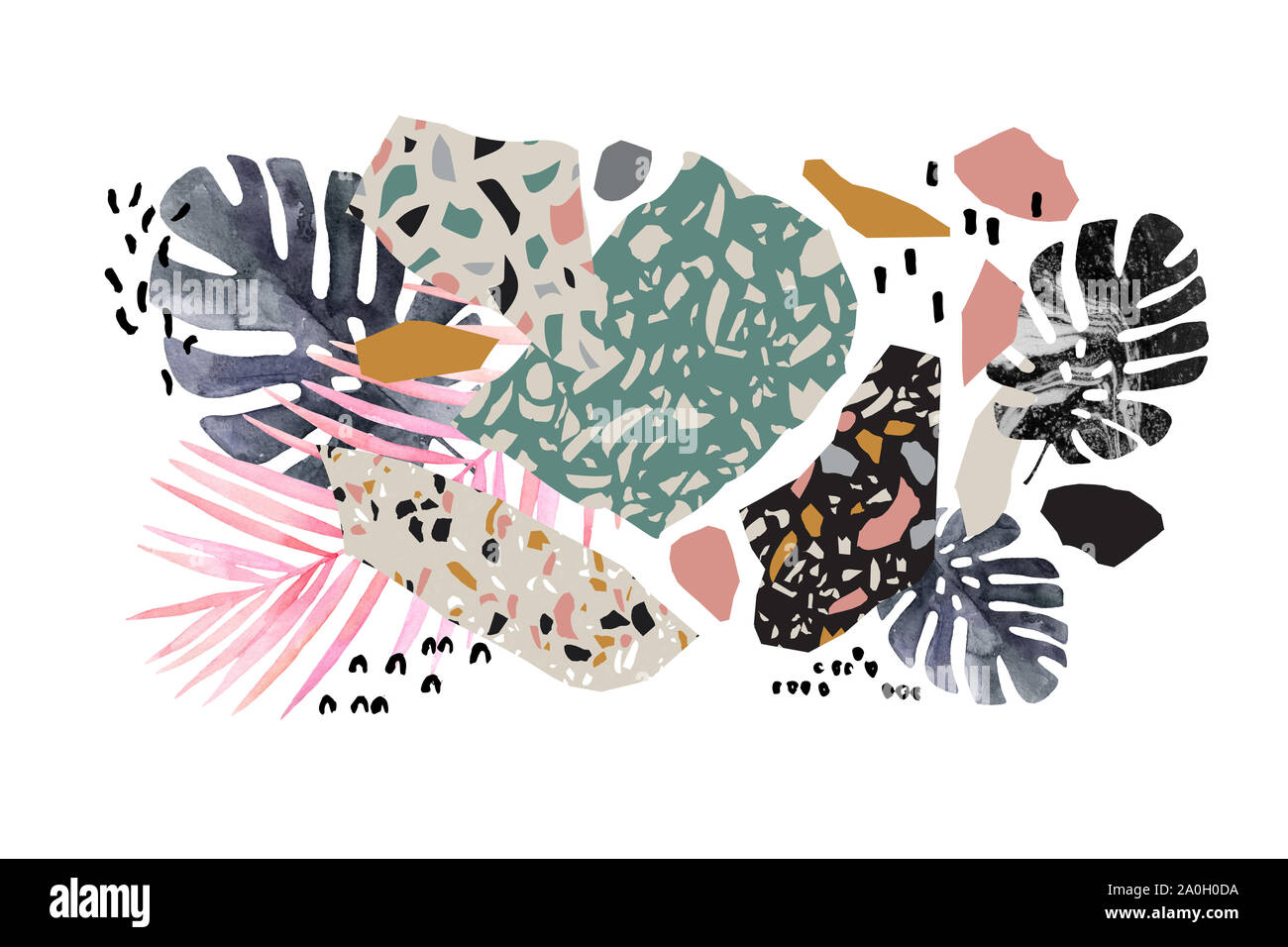 Tropical watercolor leaves, turned edge geometric shapes, terrazzo ...