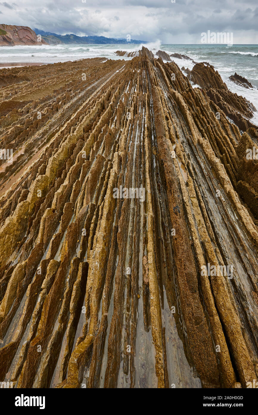 Flysch dramatic rock formation Cantabric sea in Zumaia, Euskadi. Spain ...