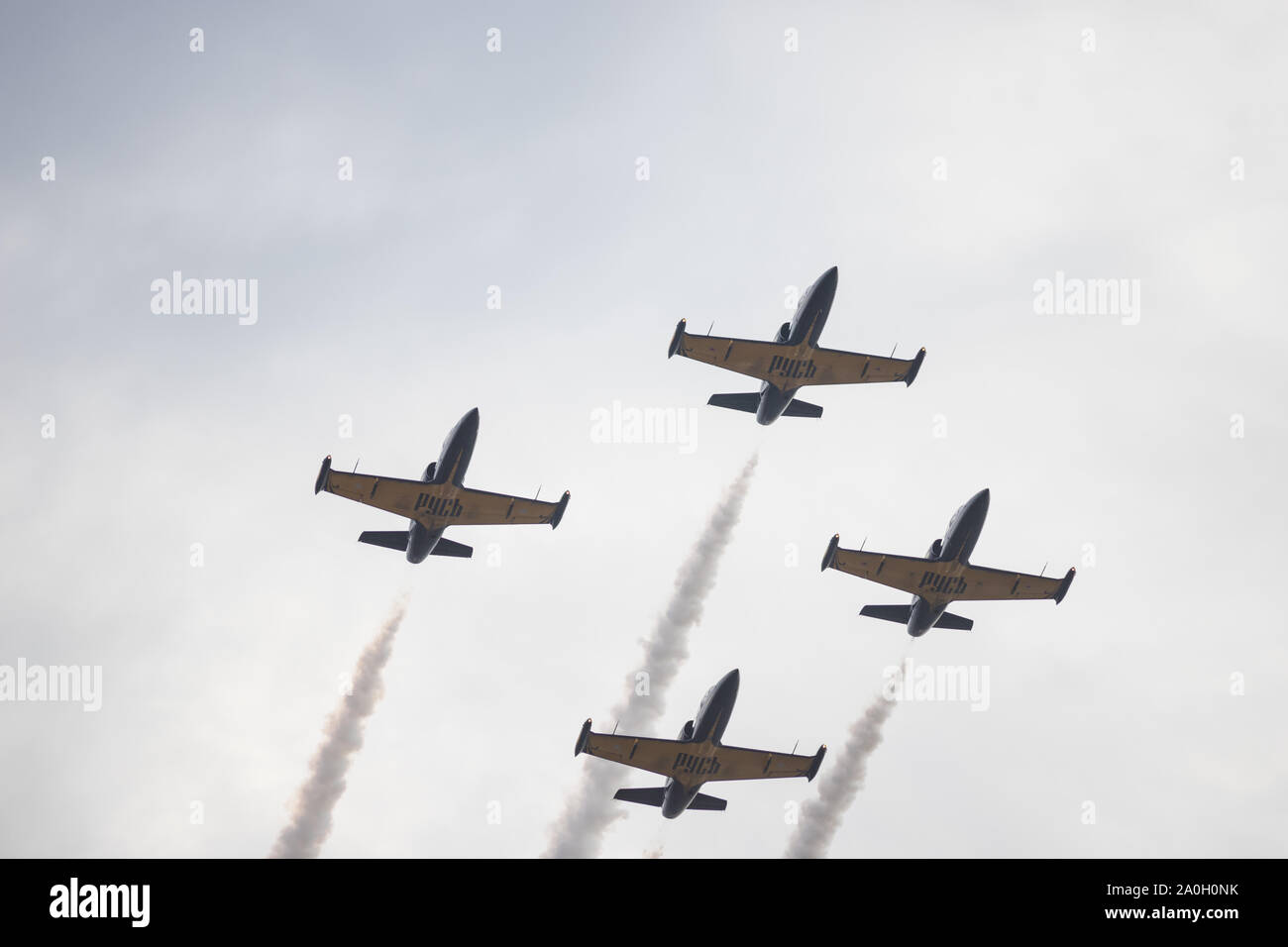 18 AUGUST 2019 KAZAN, RUSSIA: four military blue and yellow fighter ...