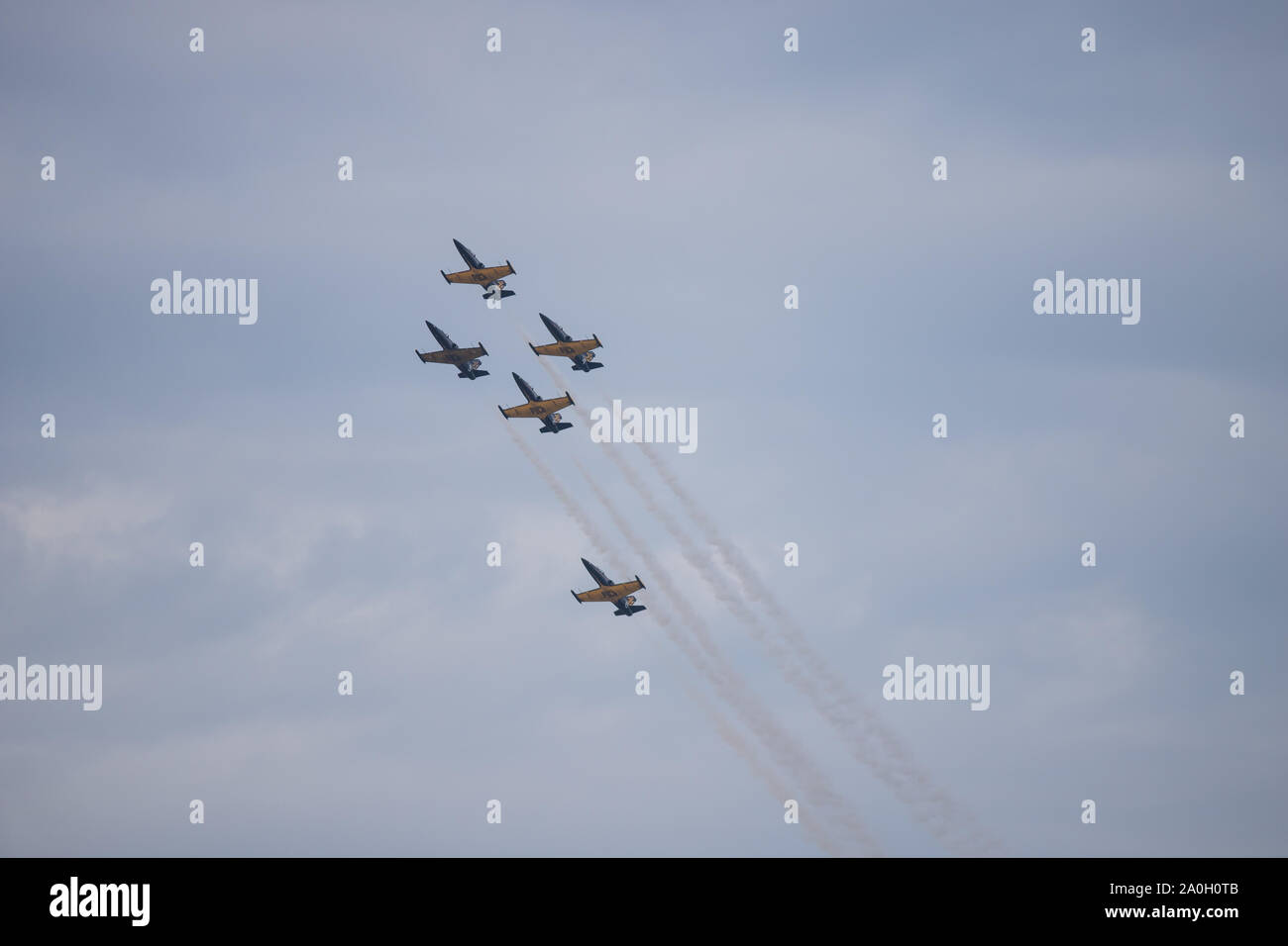 18 AUGUST 2019 KAZAN, RUSSIA: five blue and yellow military fighter ...