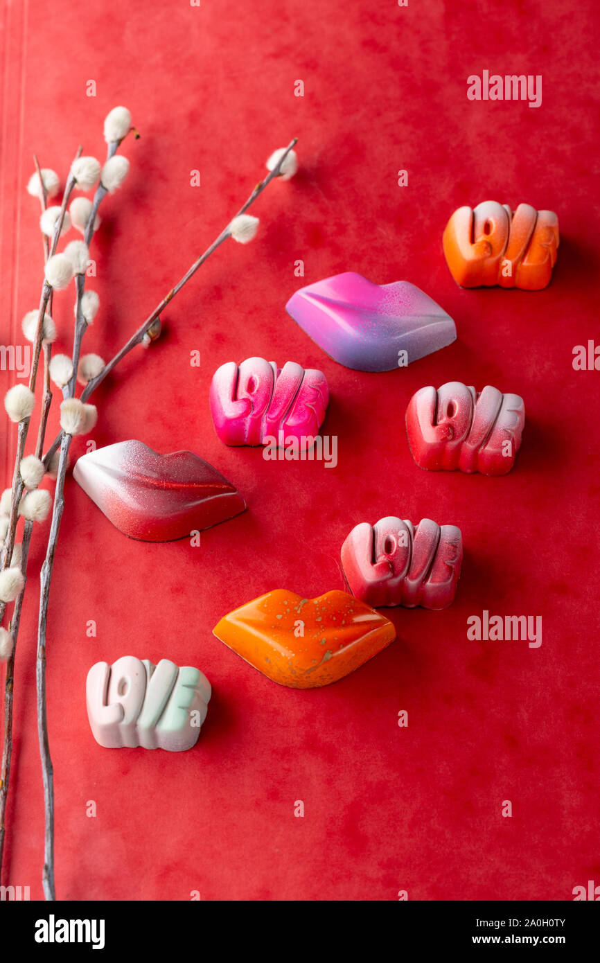 Pussy willow and chocolate candy, holiday concept Stock Photo - Alamy