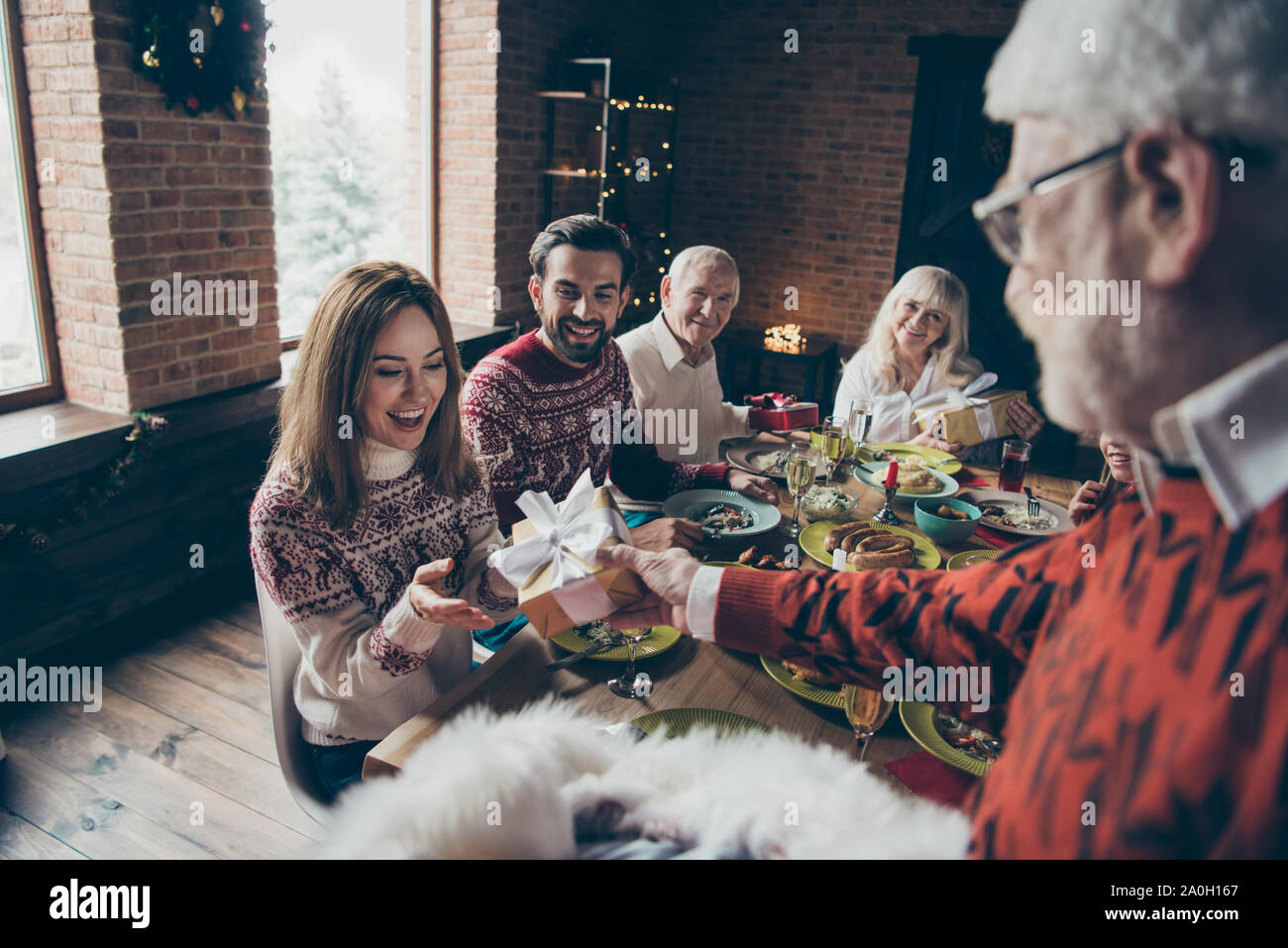 Noel morning family gathering. Nice adorable cheerful grey-haired ...