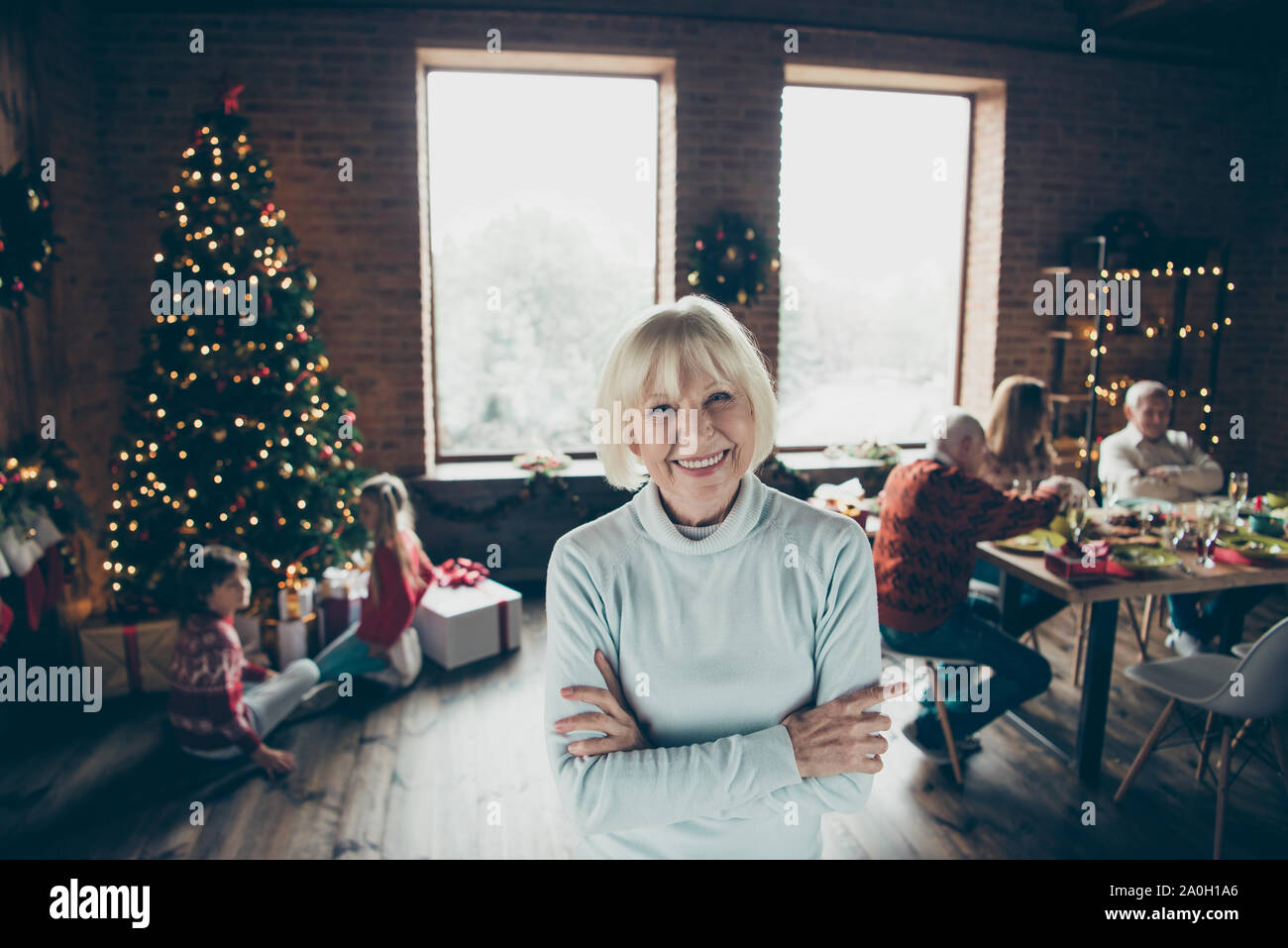 Portrait of cheerful glad grandma. Noel gathering, meeting ...