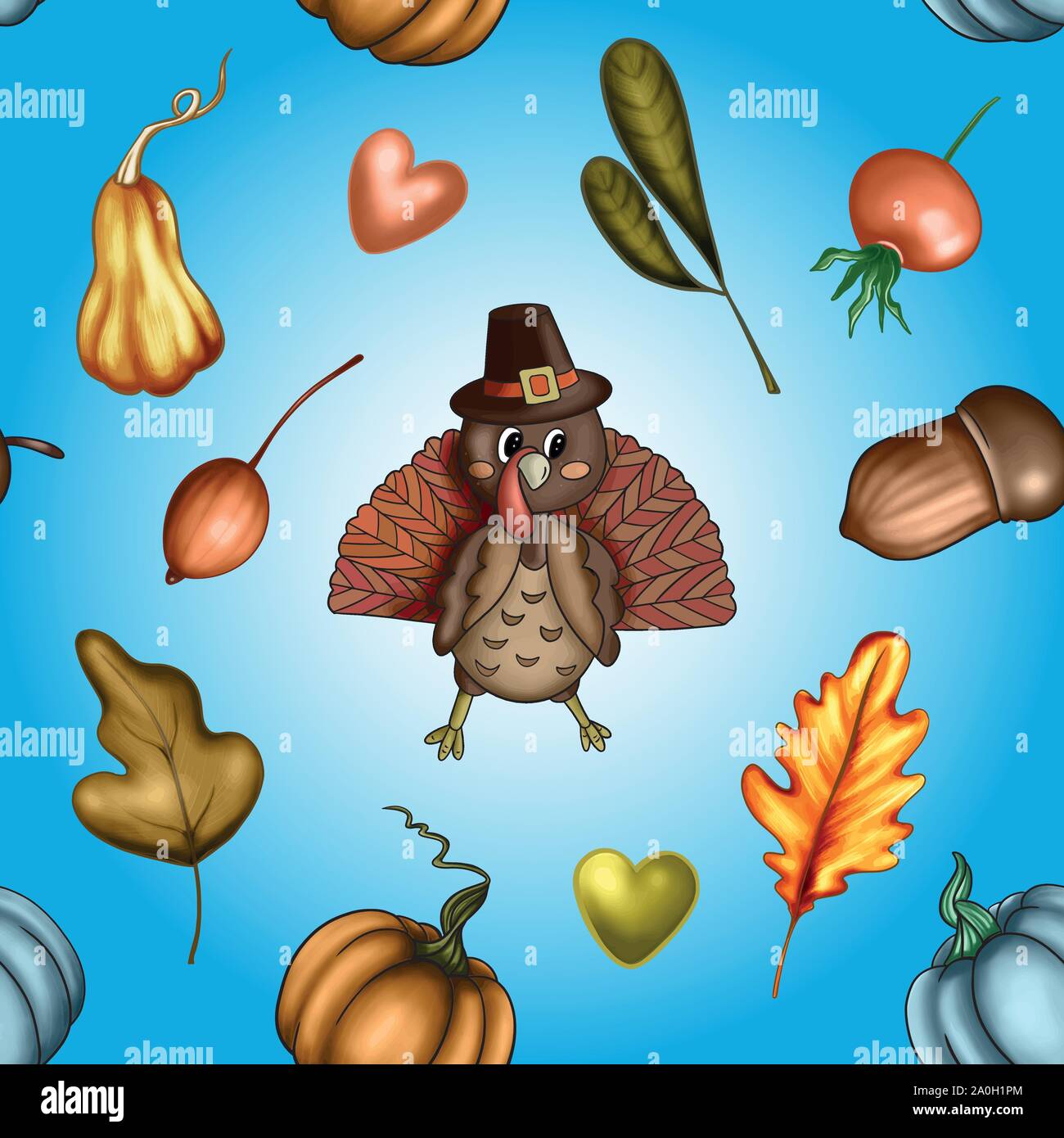 Vector illustration autumn seamless Thanksgiving pattern with turkey ...