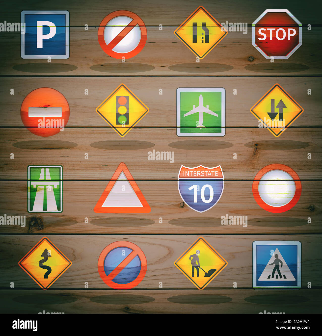 Traffic signs, wood background, texture Stock Photo - Alamy
